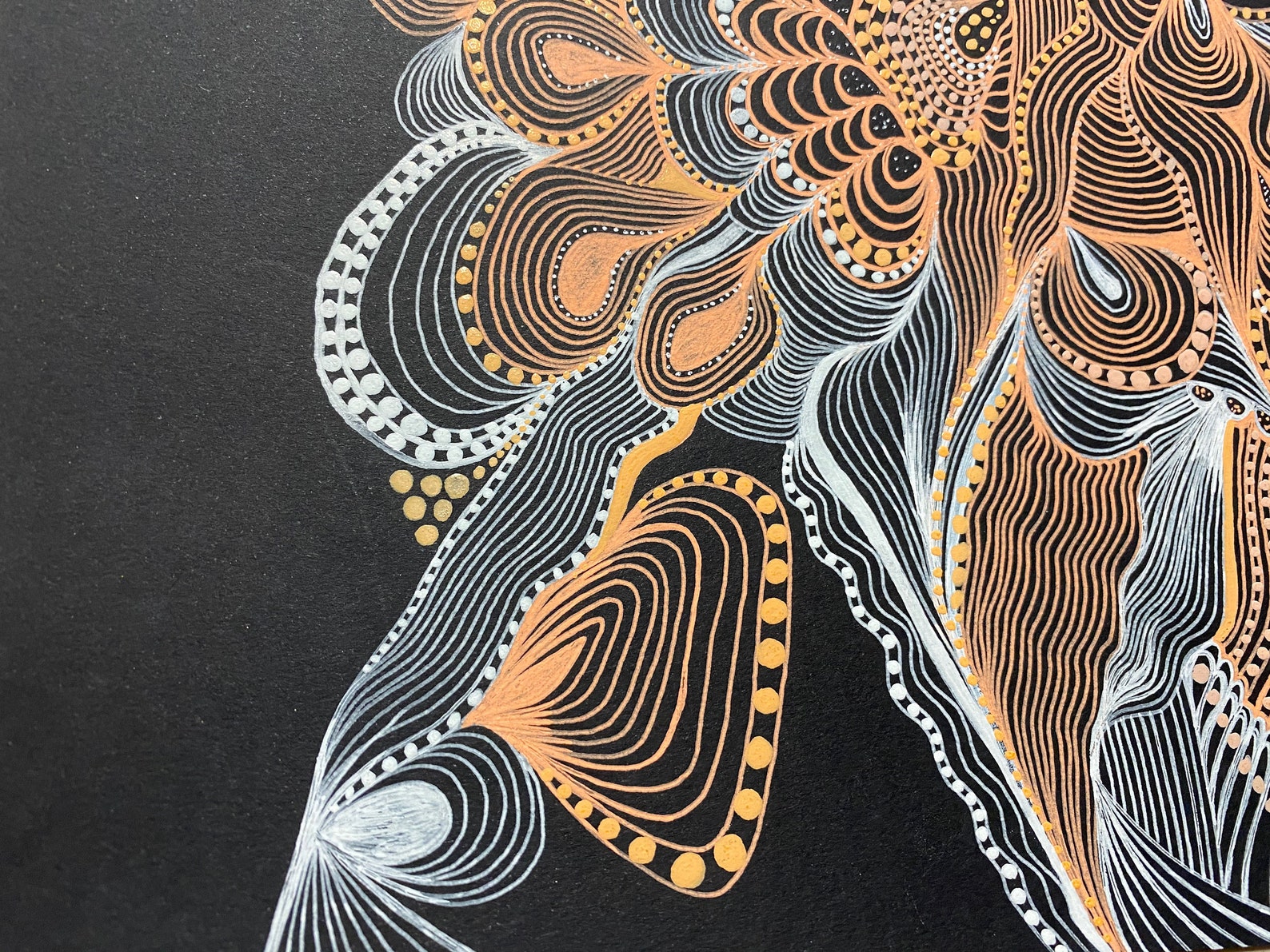 Unique Original Abstract Line Art Piece. Orange, White on Black Paper ...