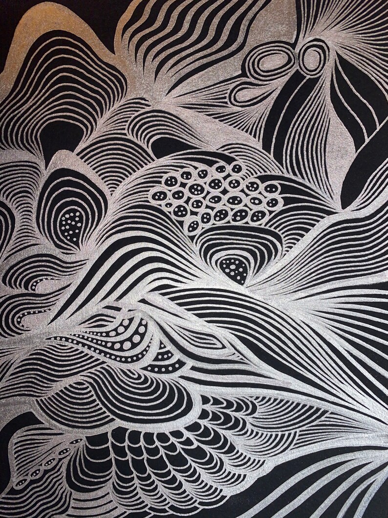 Metallic Silver Unique Freehand Original Art Work . Silver on Black ...