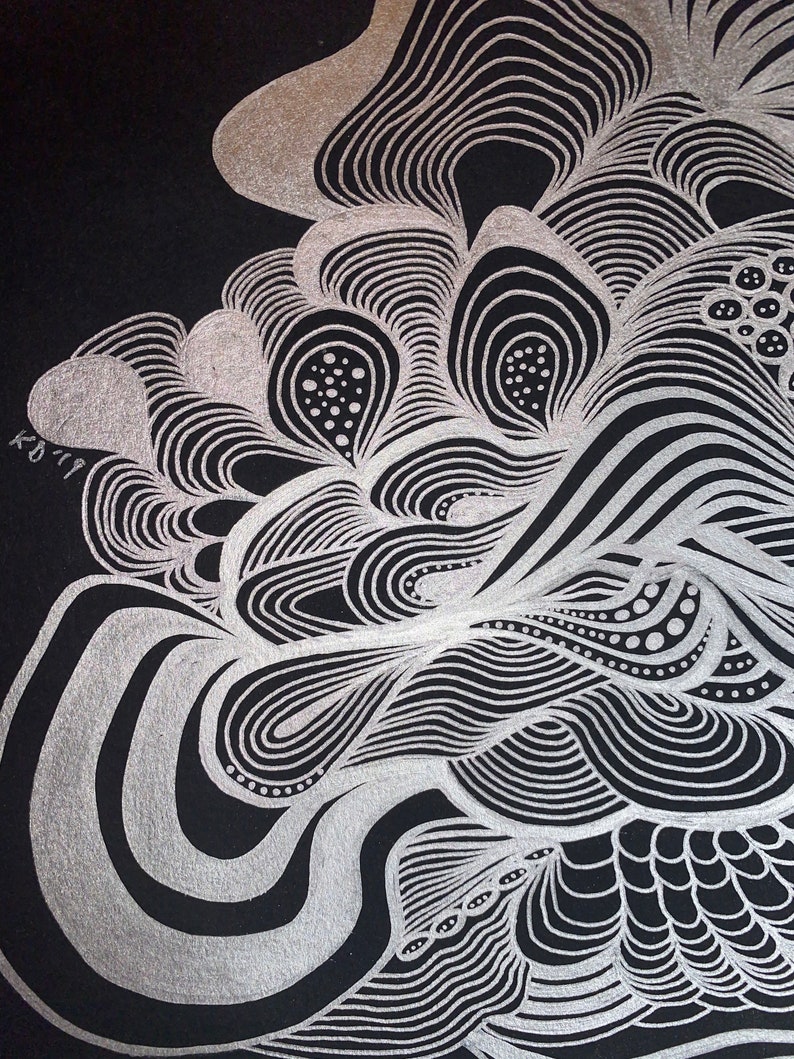 Metallic Silver Unique Freehand Original Art Work . Silver on Black ...