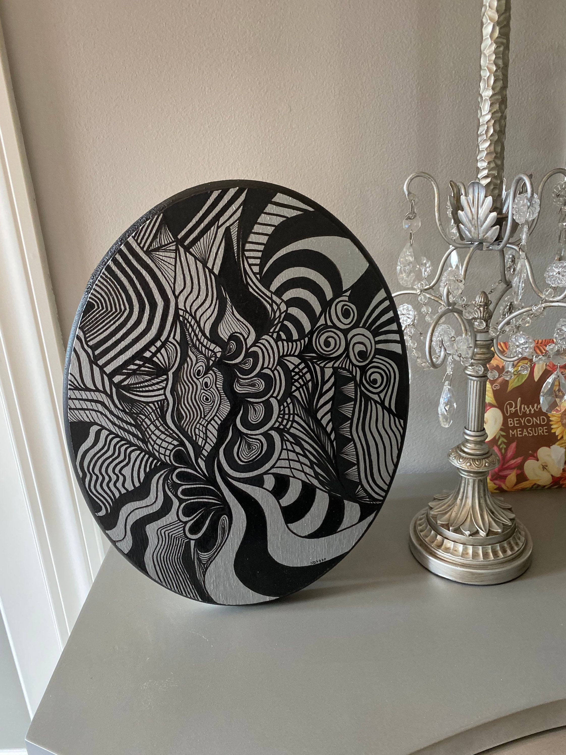 Silver and Black Ink Paint on Wood. Unique Line Art Abstract | Etsy