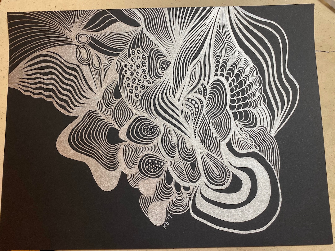 Metallic Silver Unique Freehand Original Art Work . Silver on Black ...
