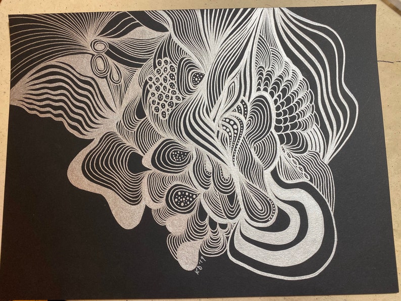 Metallic Silver Unique Freehand Original Art Work . Silver on Black ...