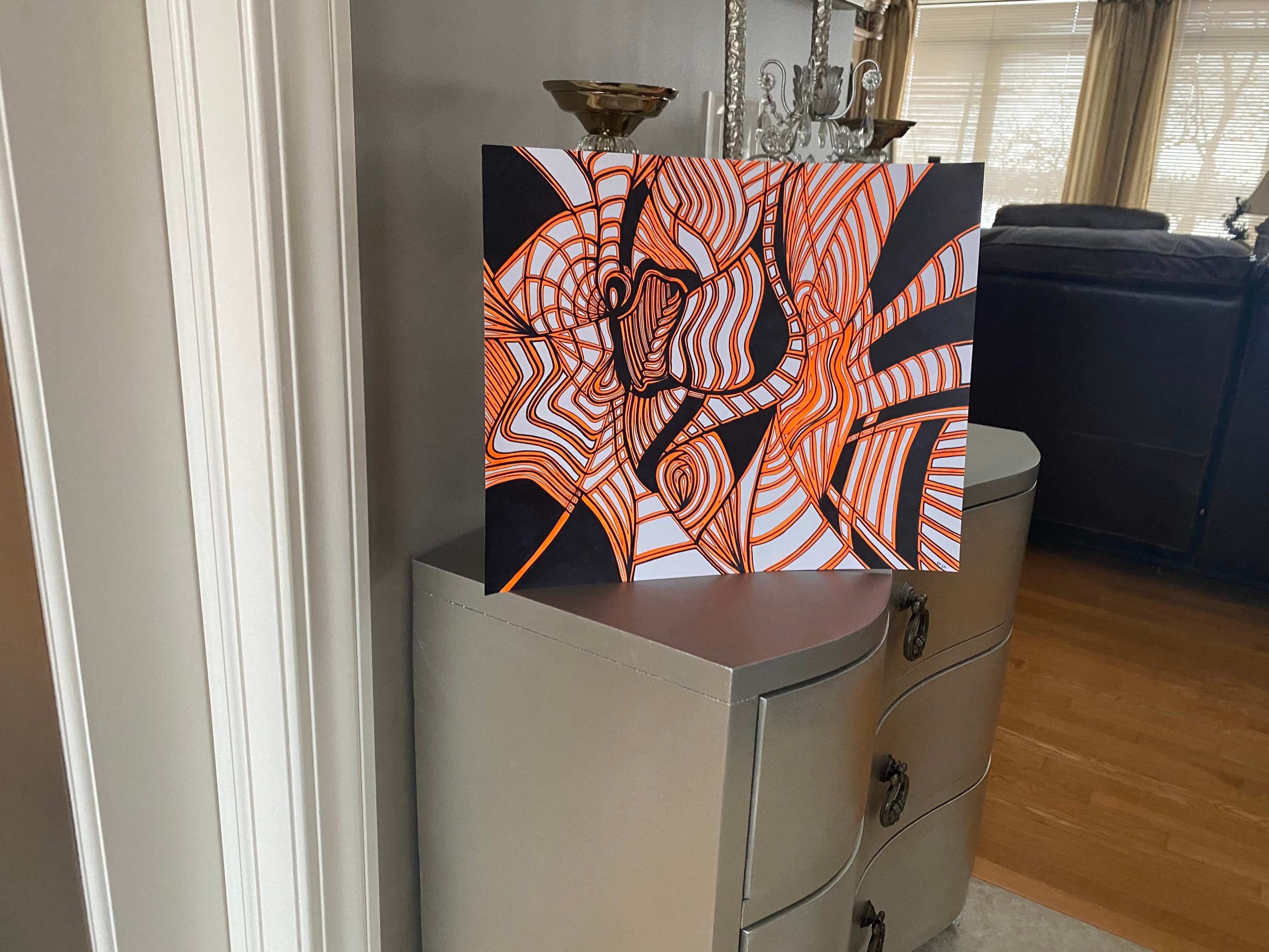 Neon Orange Zen Line Art: Trippy Marker Drawing (14x17in) - Etsy