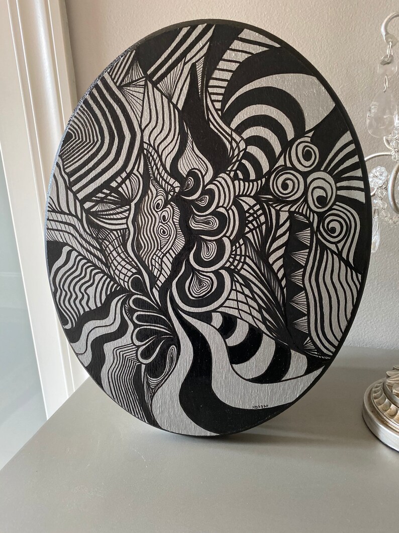 Silver and Black Ink Paint on Wood. Unique Line Art Abstract - Etsy