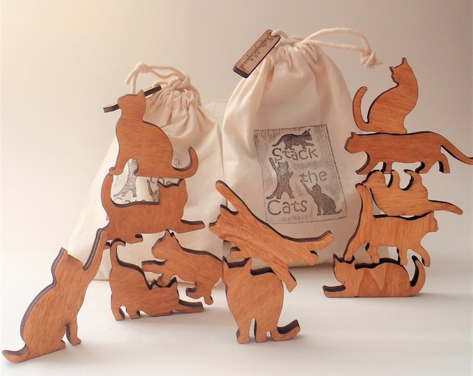 Stack the Cats Cat Lover Gift. Bag of Twelve Mini Wooden Cats - Etsy