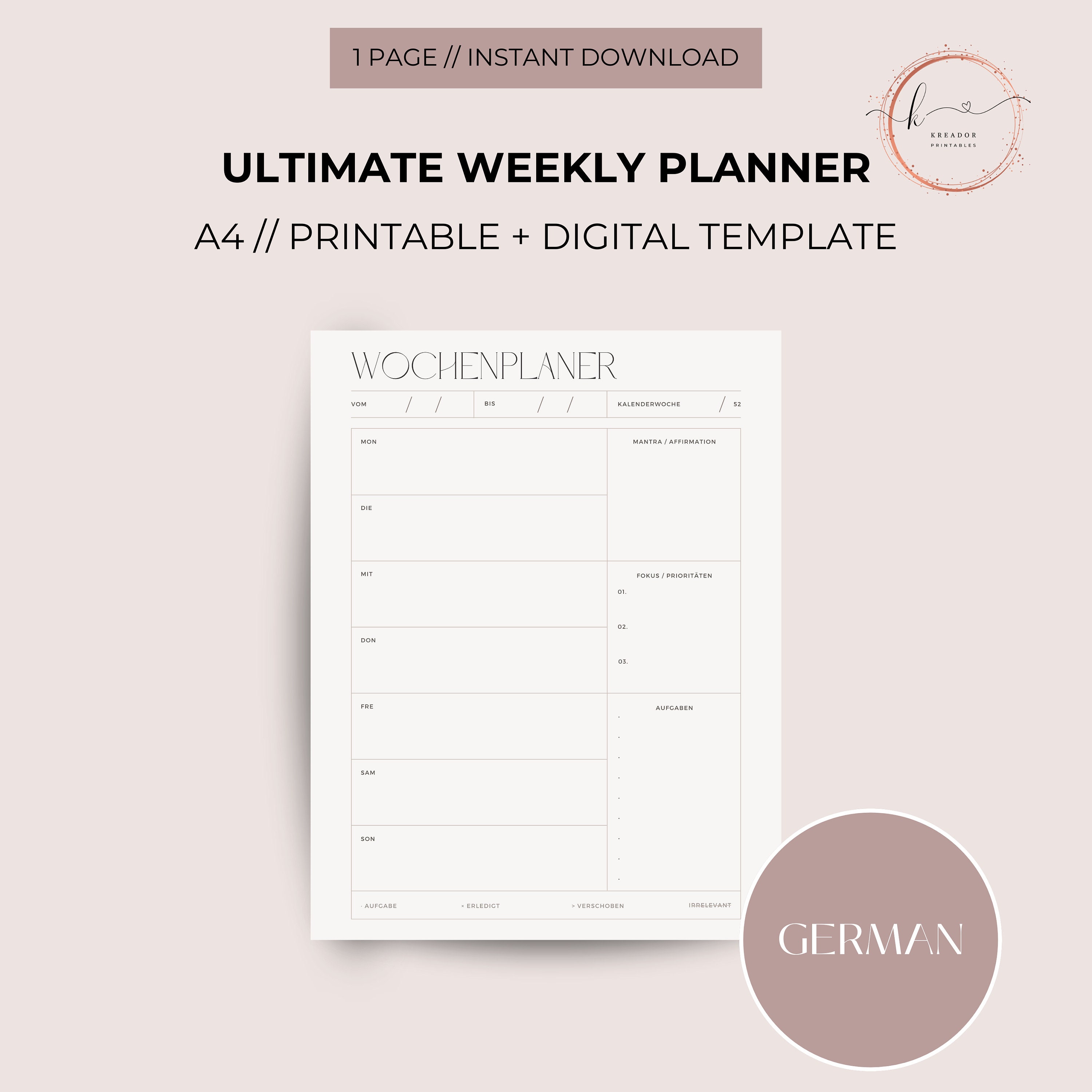 Printable Calendar | WEEKLY Planner Undated | A4 Format | Printable ...