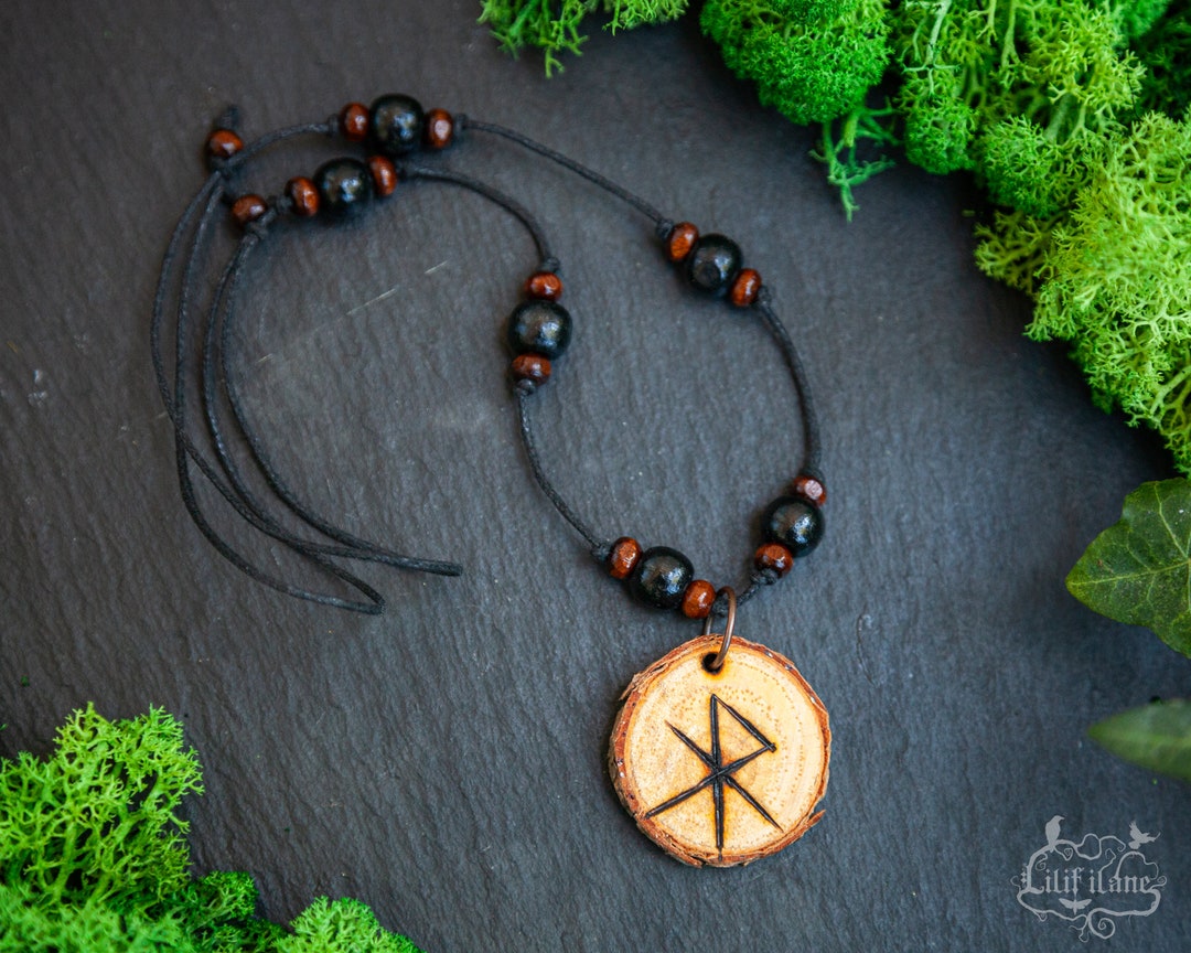 Rune Wooden Disc Necklace With Wooden Beads - Raido Wynn Gebo Ingwaz ...