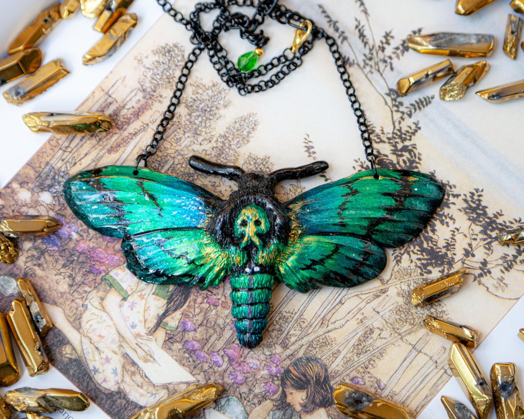 Skull Hawk Moth Necklace - Emerald Green/ Gold - Moth Necklace ...