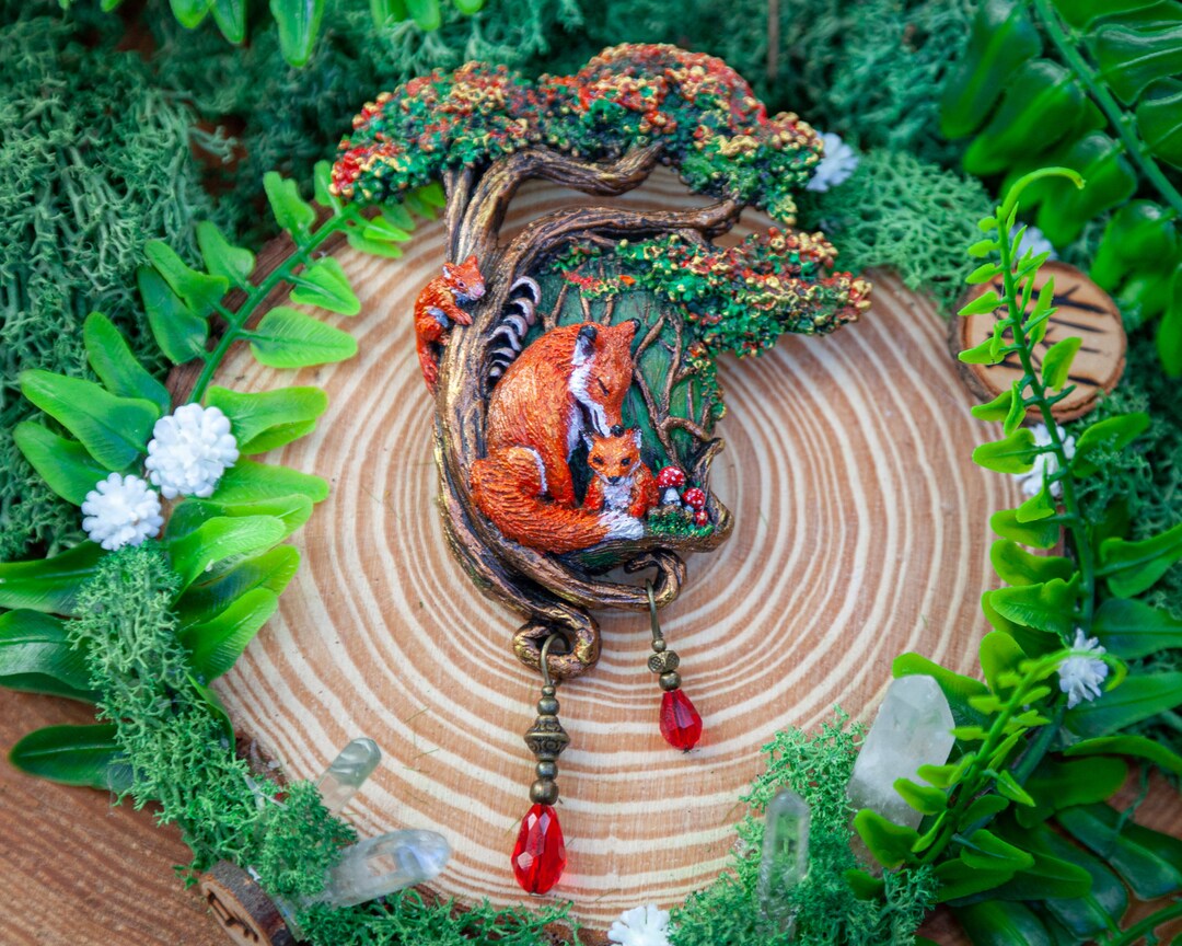 Cameo Forest Animals Brooch Fox Mom With Baby in Autumn Forest Animals ...