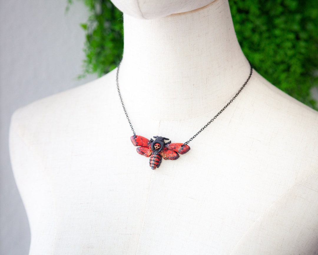 Small Skull Hawk Moth Necklace Red/ Gold - Moth Necklace - Deathhead ...