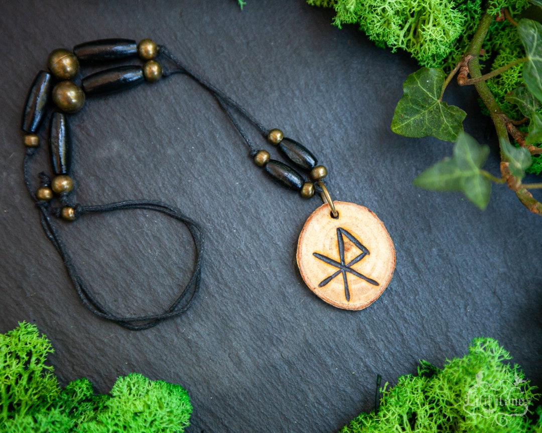 Rune Wooden Disc Necklace With Wooden Beads and Metal Beads - Raido ...