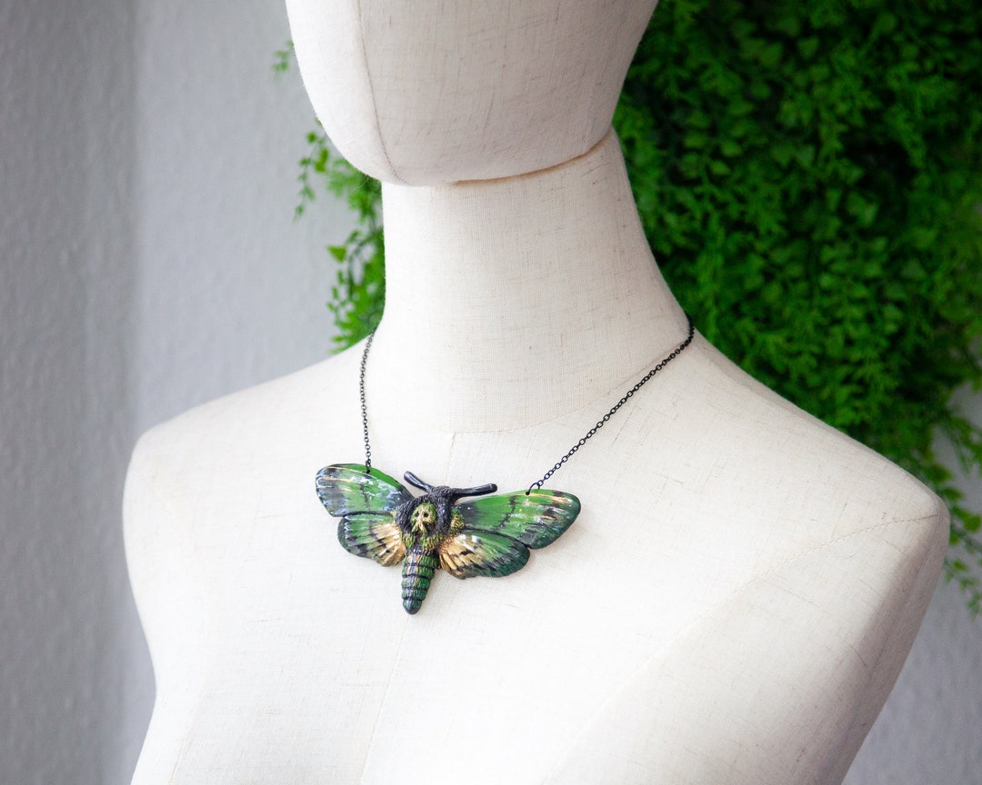 Skull Hawk-moth Necklace - Green / Gold - Moth Necklace - Deathhead ...