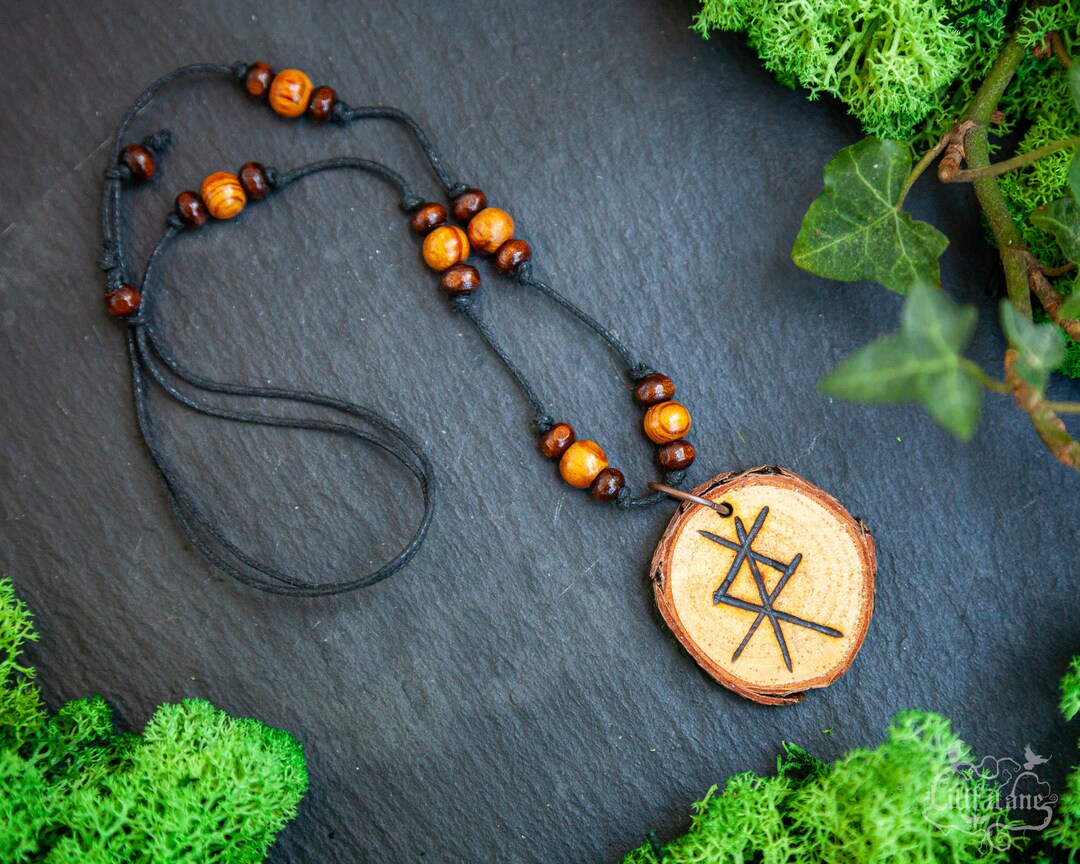 Rune Wooden Disc Necklace With Wooden Beads and Metal Beads - Gebo ...