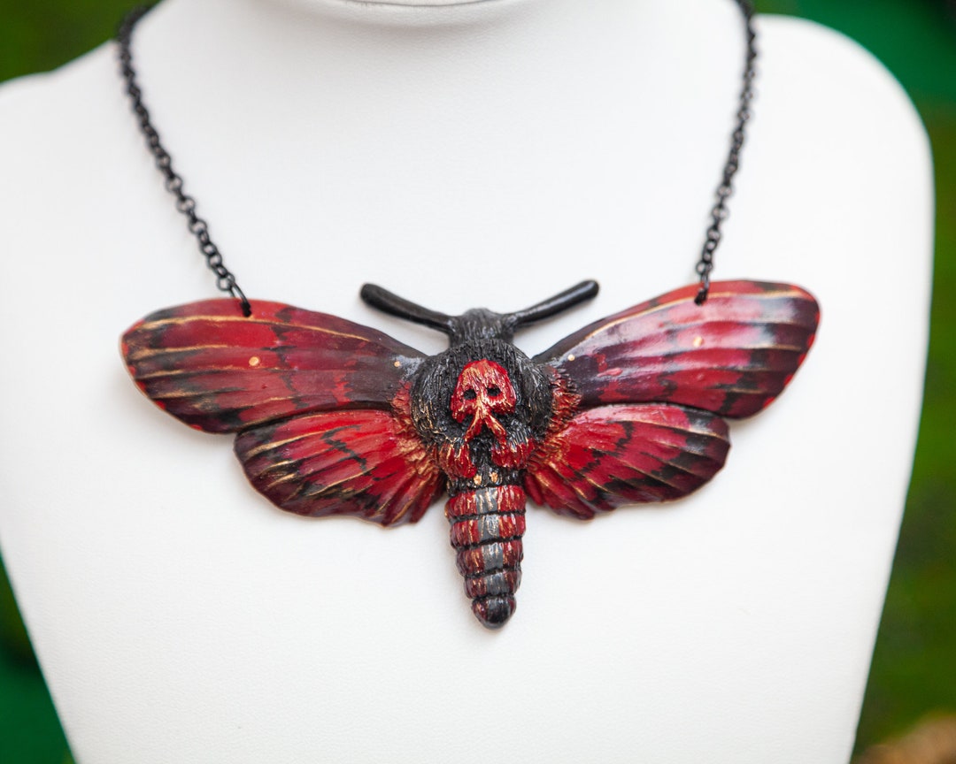 Skull Hawk-moth Necklace - Red/gold - Moth Necklace - Deathhead Hawk ...