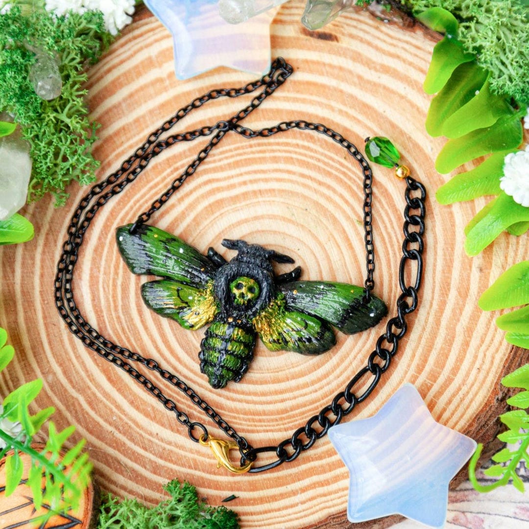 Small Death's-head Hawk-moth Necklace, Lime Green/gold - Moth Necklace ...