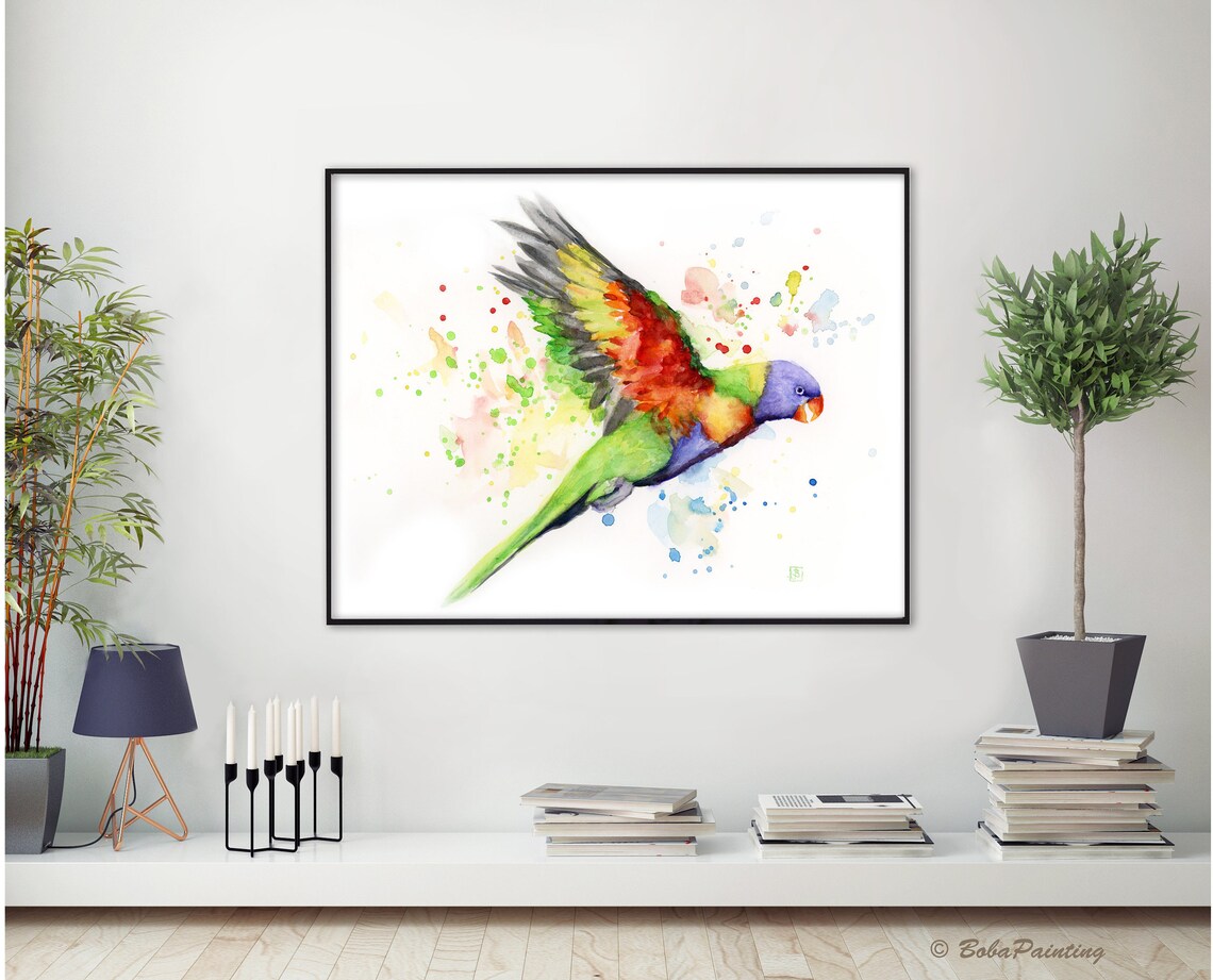 FLYING PARROT Watercolor Print Tropical Birds Painting - Etsy