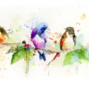 BIRDS on a Branch Painting, Colorful Watercolor Print, Limited Edition ...