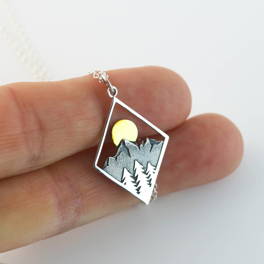 Mountain Sunset Necklace, Mixed Metal Nature Inspired Jewelry, Sterling ...