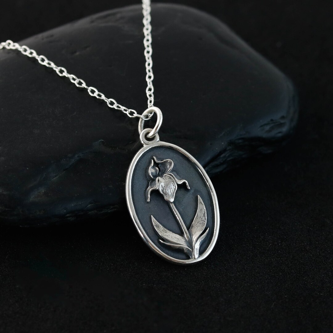 Iris Birth Flower Necklace for February, Sterling Silver Iris Flower Pendant, Floral Jewelry for ...