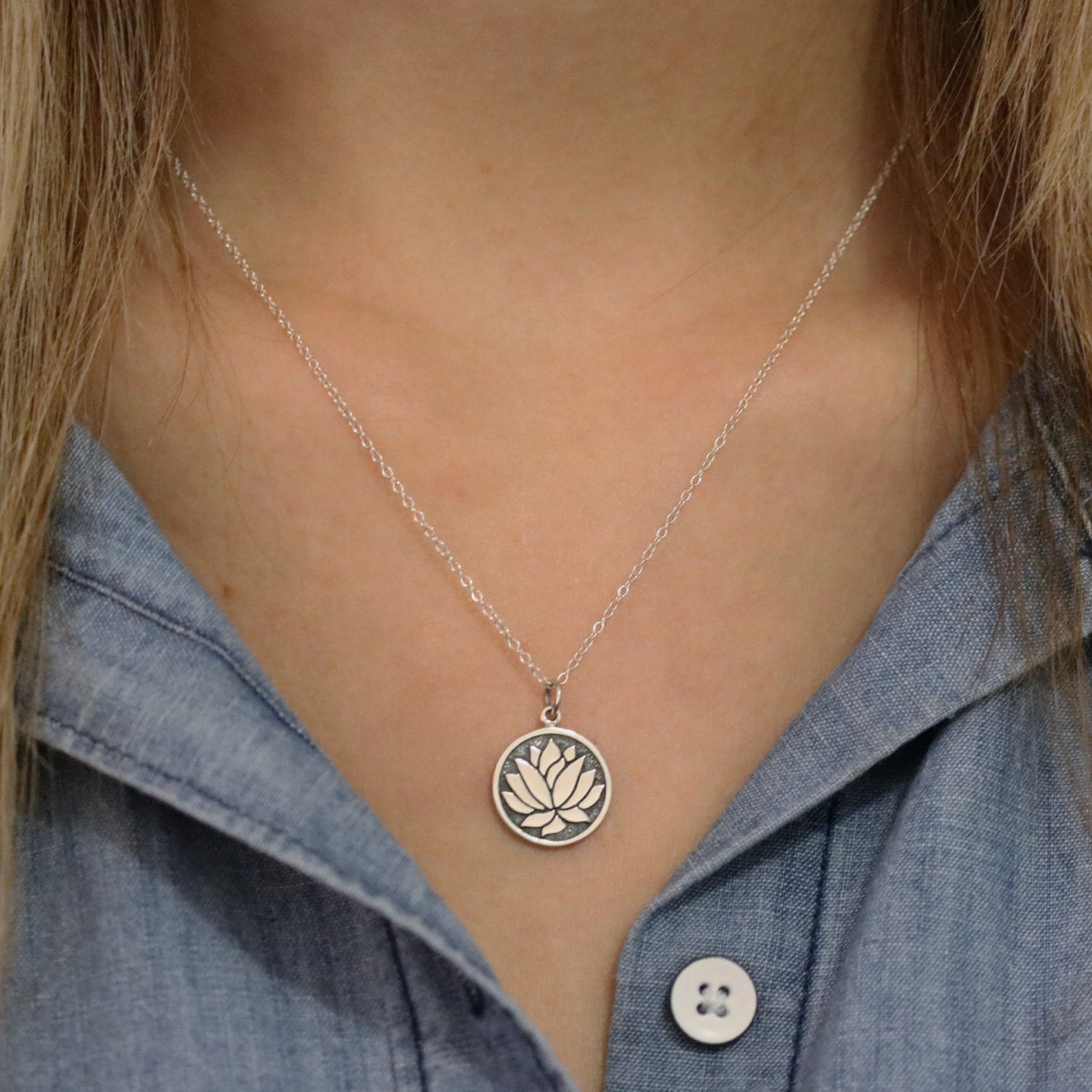 Lotus Necklace Sterling Silver Etched Lotus Flower Necklace - Etsy