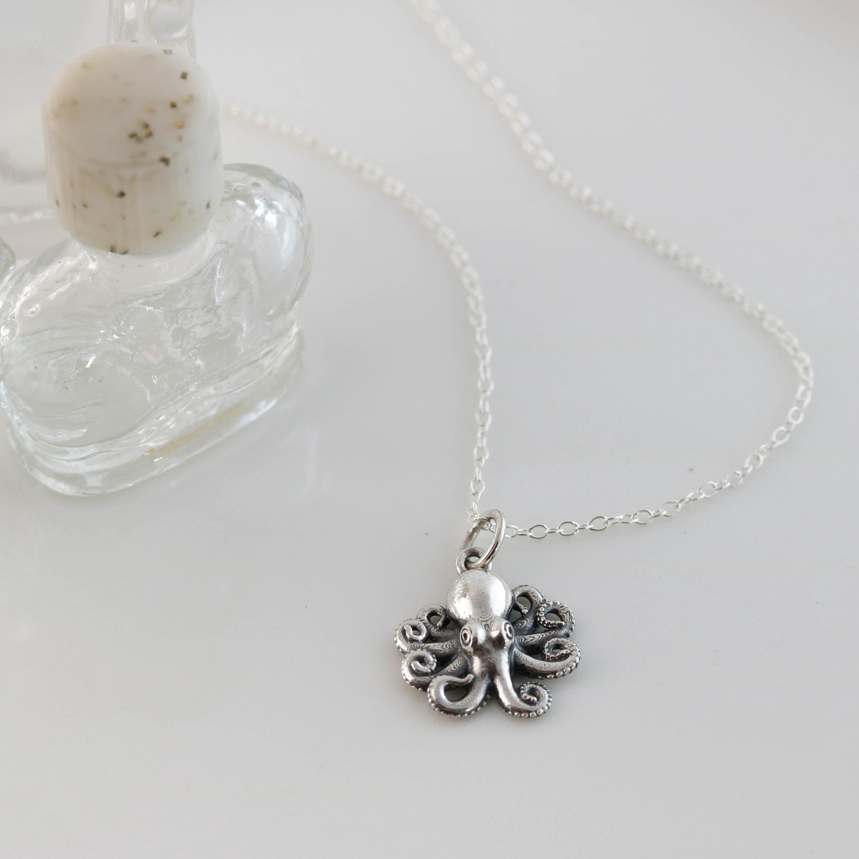 Dainty Octopus Necklace, Detailed Sterling Silver Octopus Charm Pendant ...