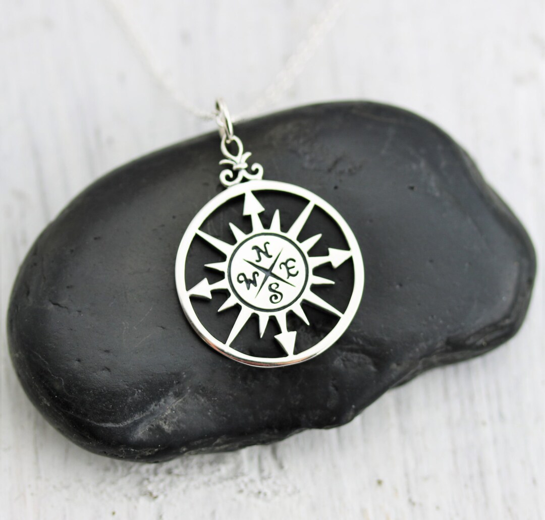 Compass Necklace Sterling Silver Compass Rose Necklace Compass Pendant ...