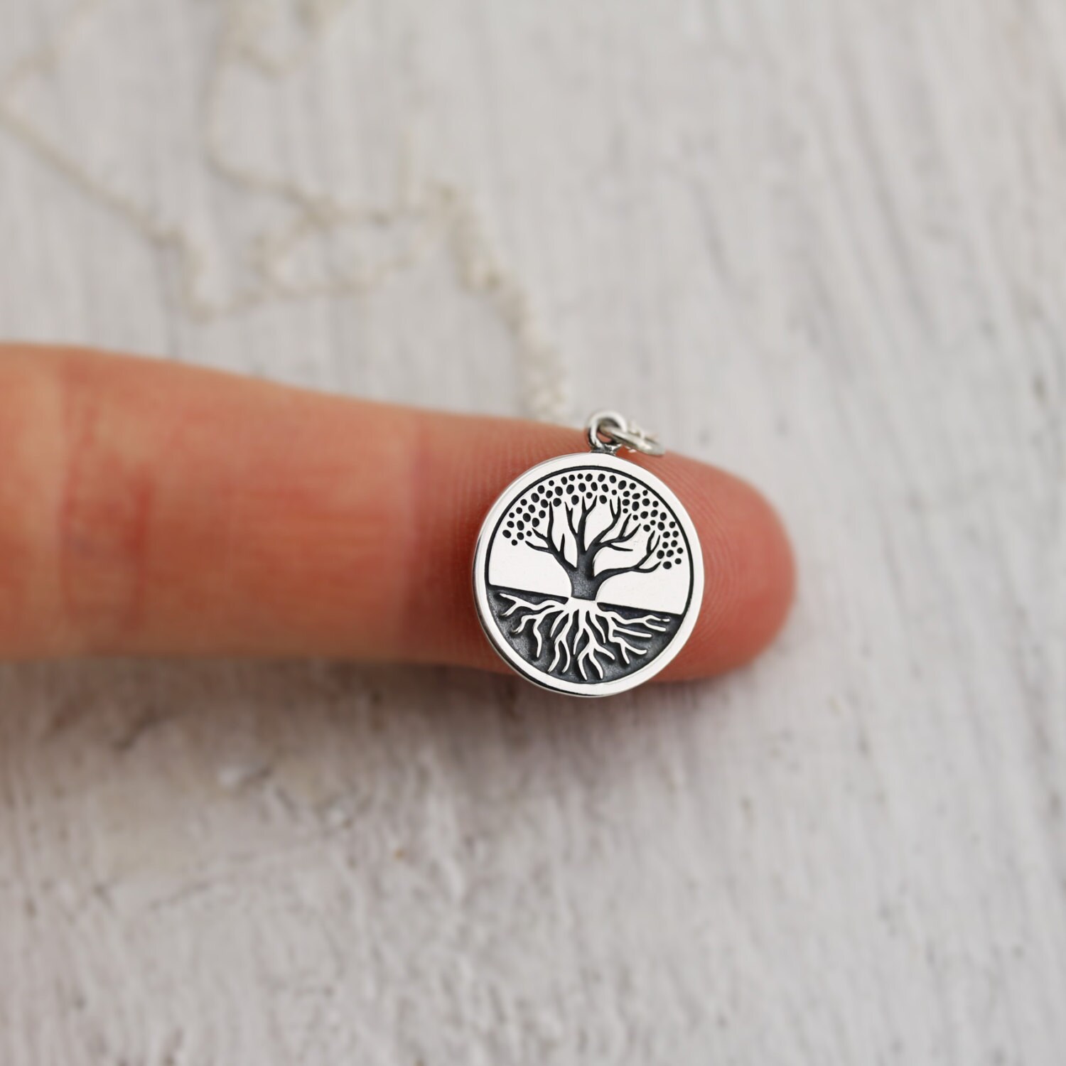 Tree Necklace Sterling Silver Etched Tree with Roots Charm | Etsy