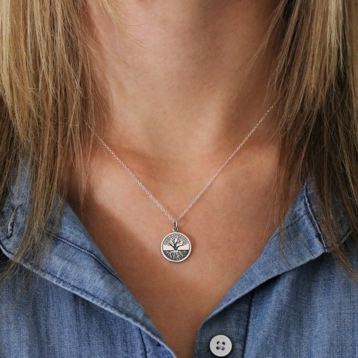 Tree Necklace Sterling Silver Etched Tree With Roots Charm - Etsy
