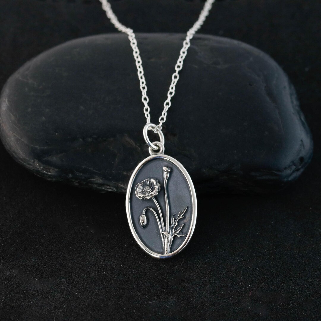 Poppy Birth Flower Necklace for August, Sterling Silver Poppy Flower ...