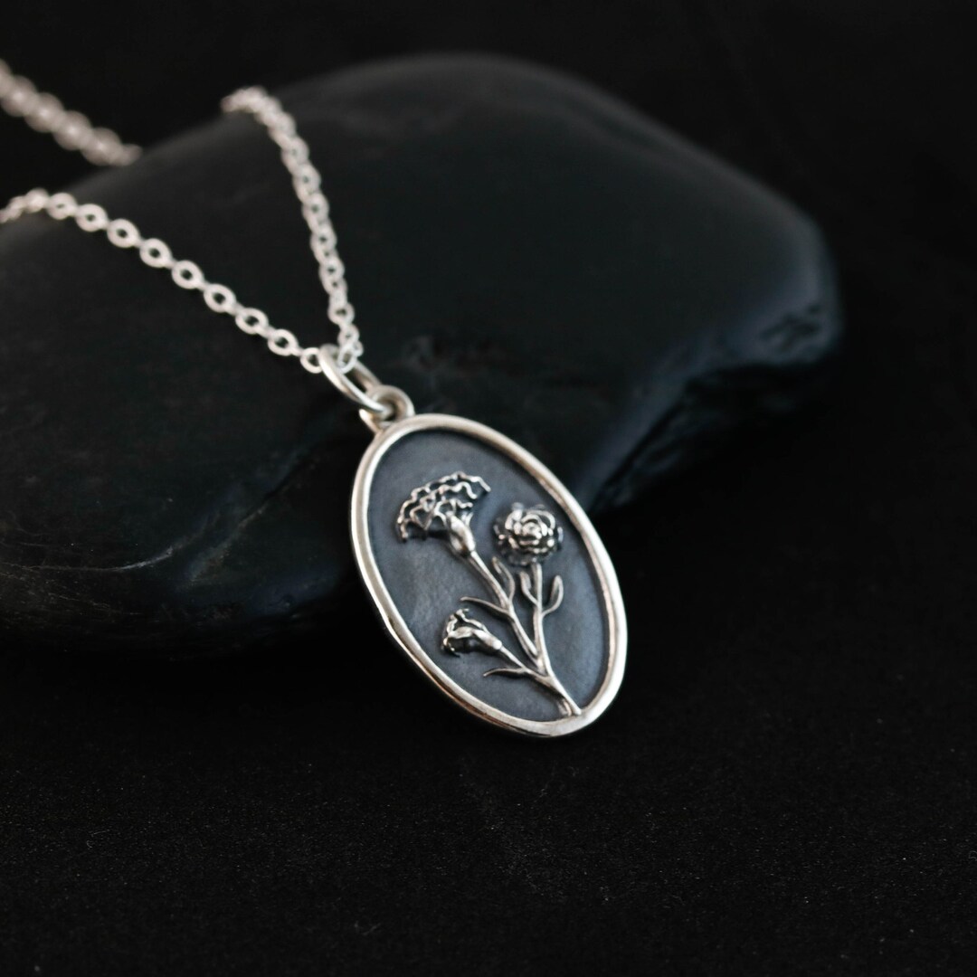 Carnation Birth Flower Necklace for January, Sterling Silver Carnation ...