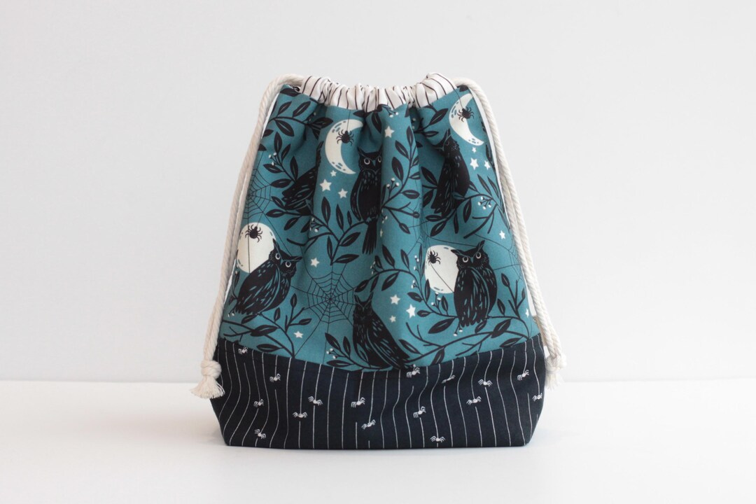 Handmade Drawstring Bag With Owls and Moons, Size Small, Fully Lined ...