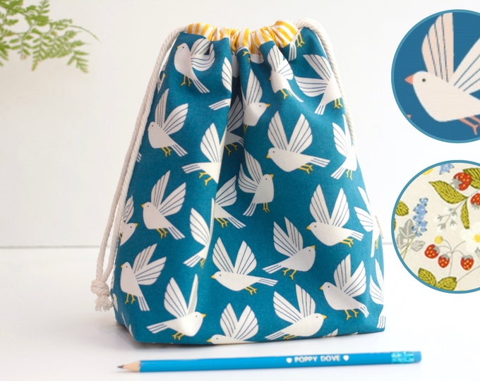 Small Drawstring Bag With White Birds on Blue, Sock-size Project Bag ...