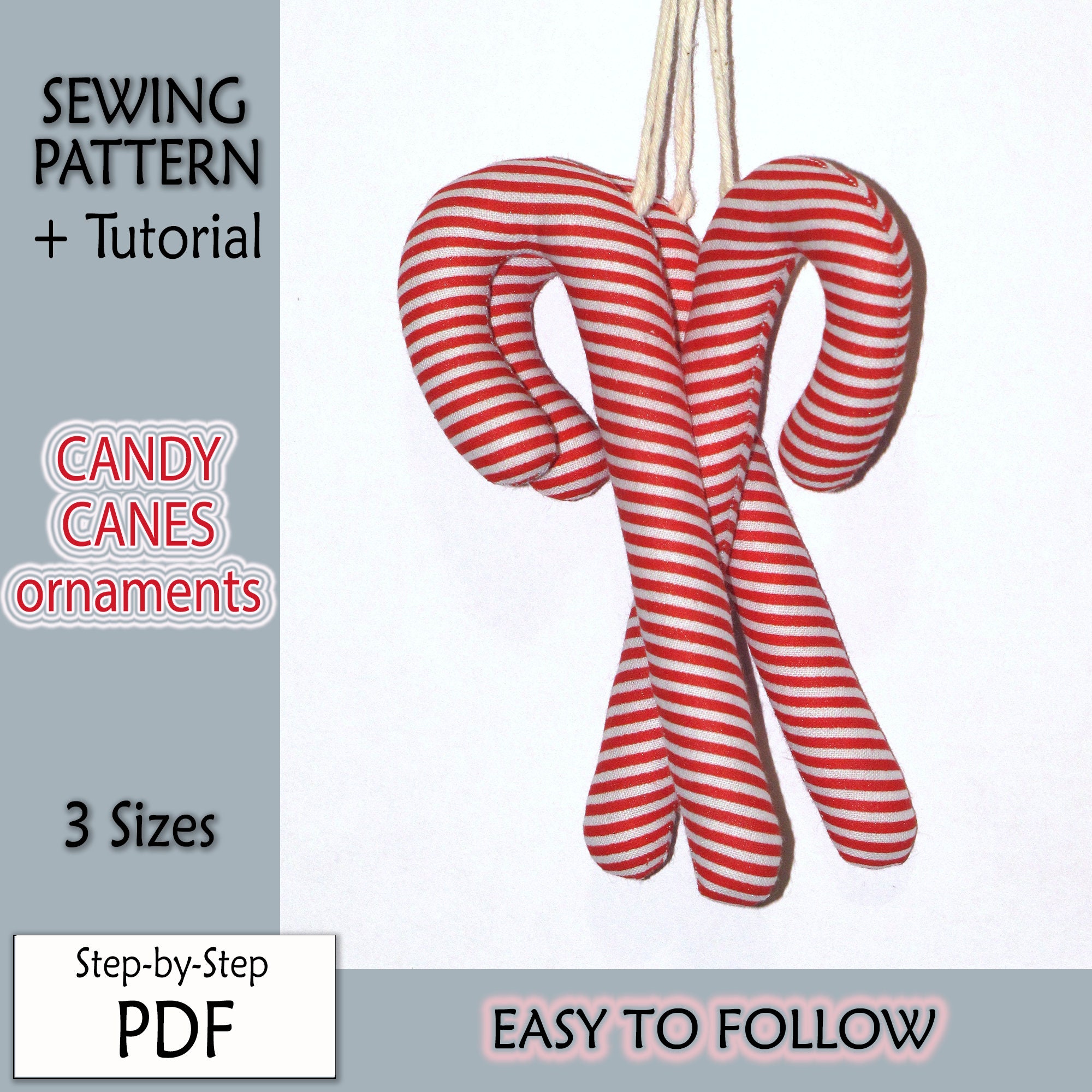 PDF Sewing Pattern, Christmas Candy Cane Pattern, Stuffed Ornaments ...