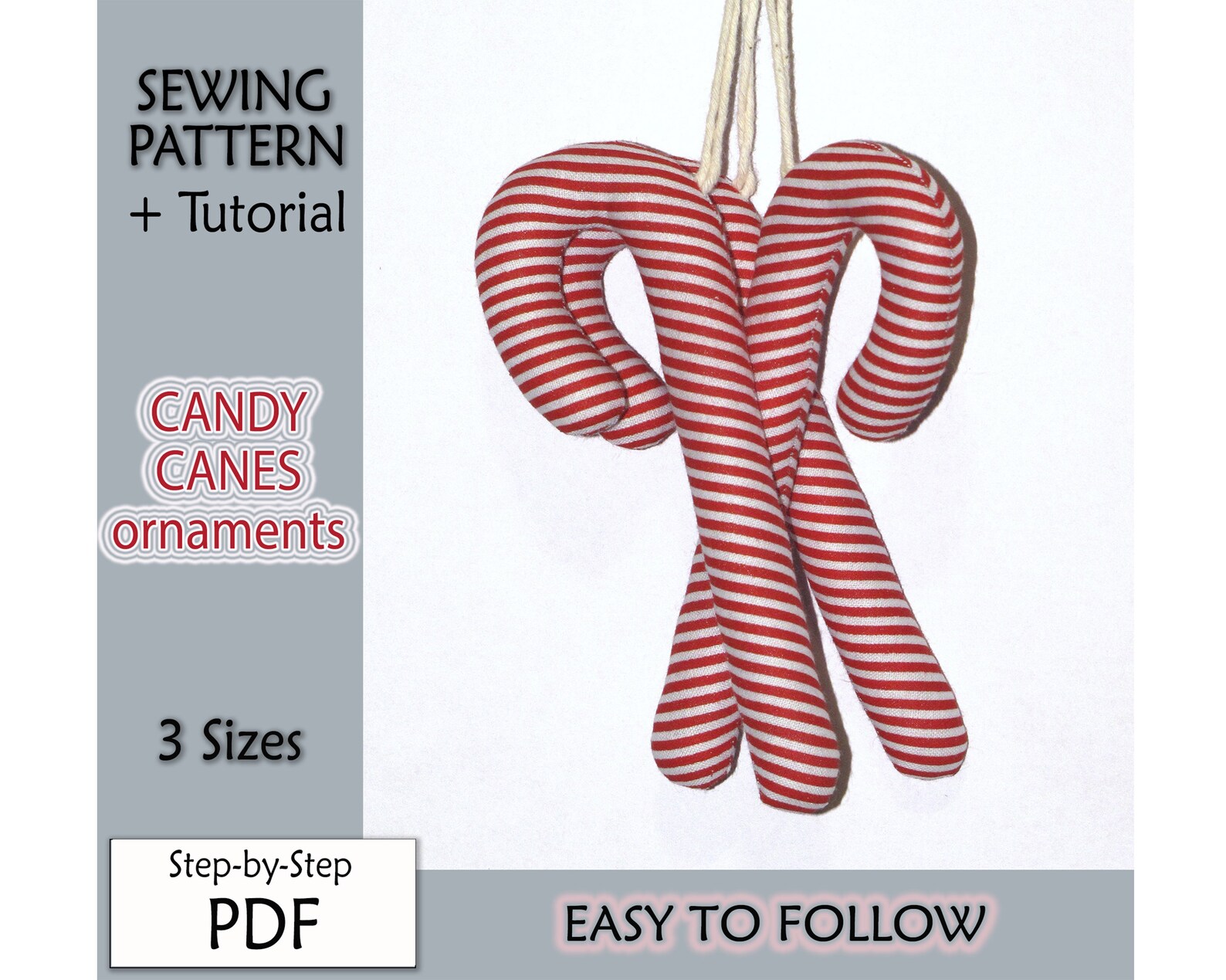 PDF Sewing Pattern, Christmas Candy Cane Pattern, Stuffed Ornaments ...