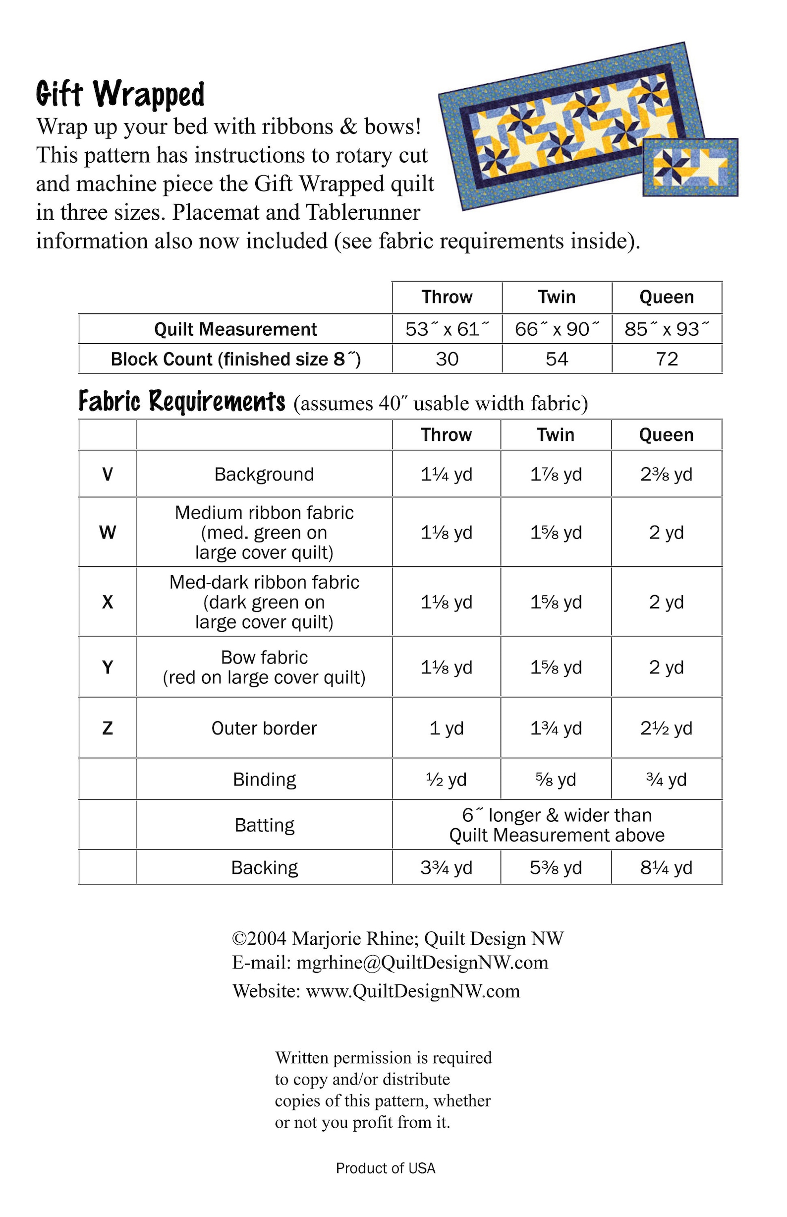 Gift Wrapped - Pieced Quilt Pattern in 3 Sizes Plus Table Runner ...