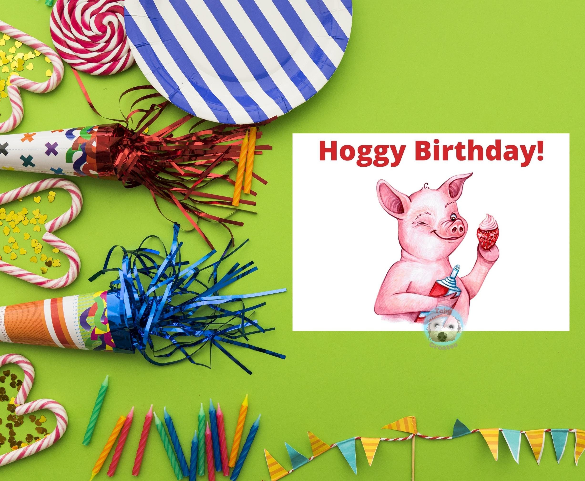 Pig Birthday Card, Hoggy Birthday Piggy Greeting Card, Pig Lover Card ...