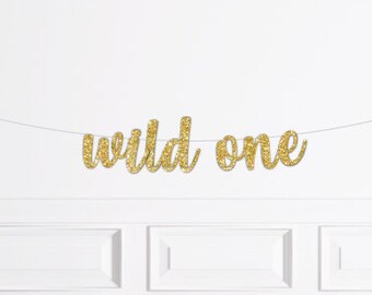 One Wild Year Cursive Banner / Gold Script Glitter First | Etsy