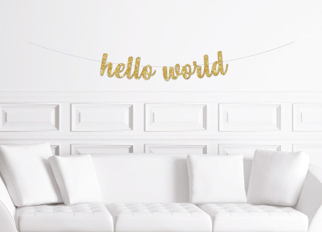 Hello World Cursive Banner / Gold Glitter Script Baby Shower Sign ...