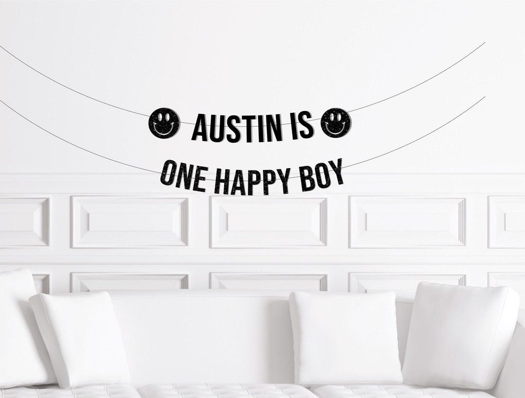 Custom One Happy Boy Banner, Happy Face Theme Themed 1st Birthday ...