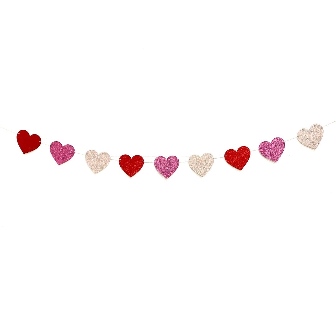 Valentines Day Heart Garland Bunting, Pink and Red Glitter String of ...