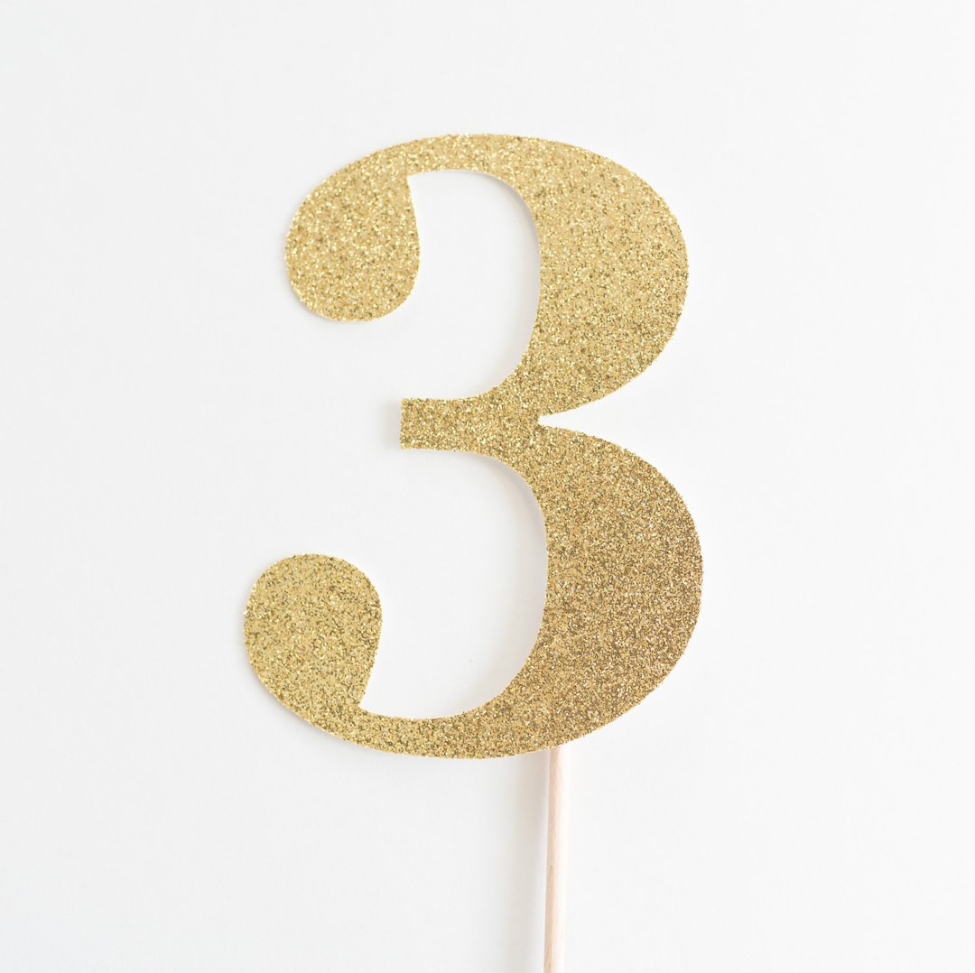 3 Cake Topper, Three, Third Birthday Party Decoration, I Am Three, Gold ...