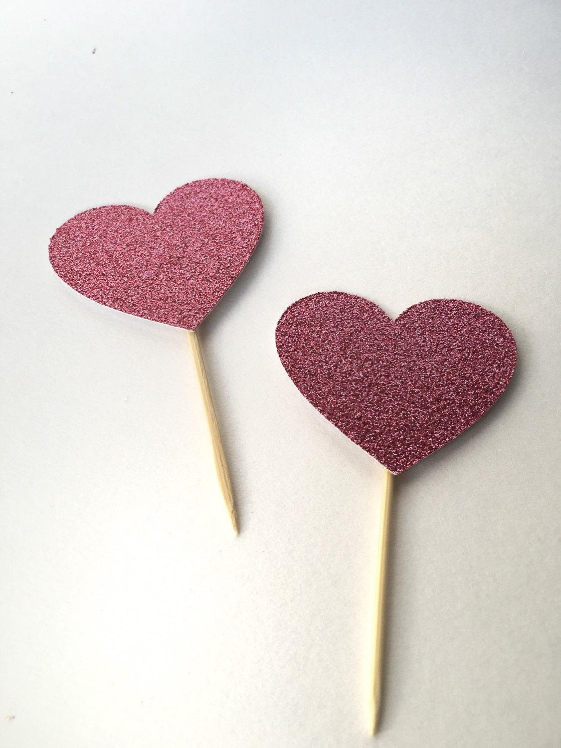 Heart Cupcake Toppers Pink Glitter Heart Toothpick 2 Inch - Etsy