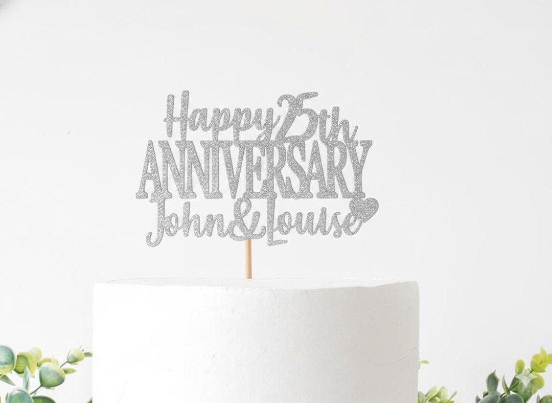 Custom 25th Anniversary Cake Topper | Personalized Silver Glitter Party ...