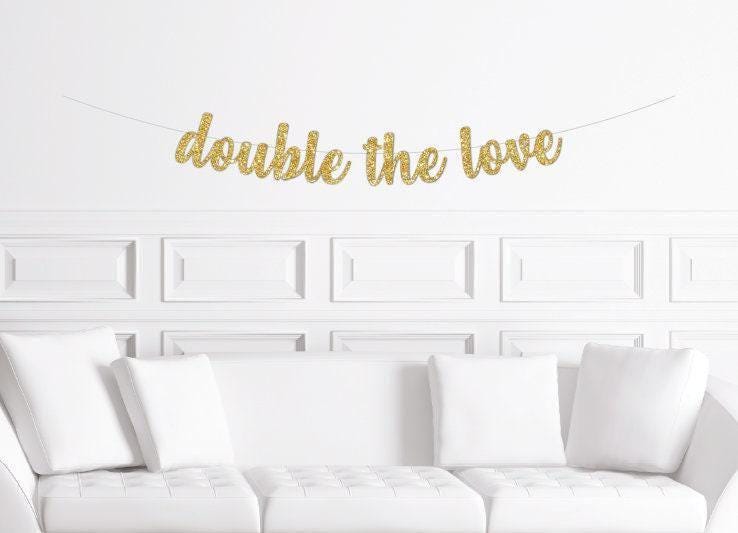 Twin Baby Shower Cursive Banner / Gold Glitter Script Double the Love ...
