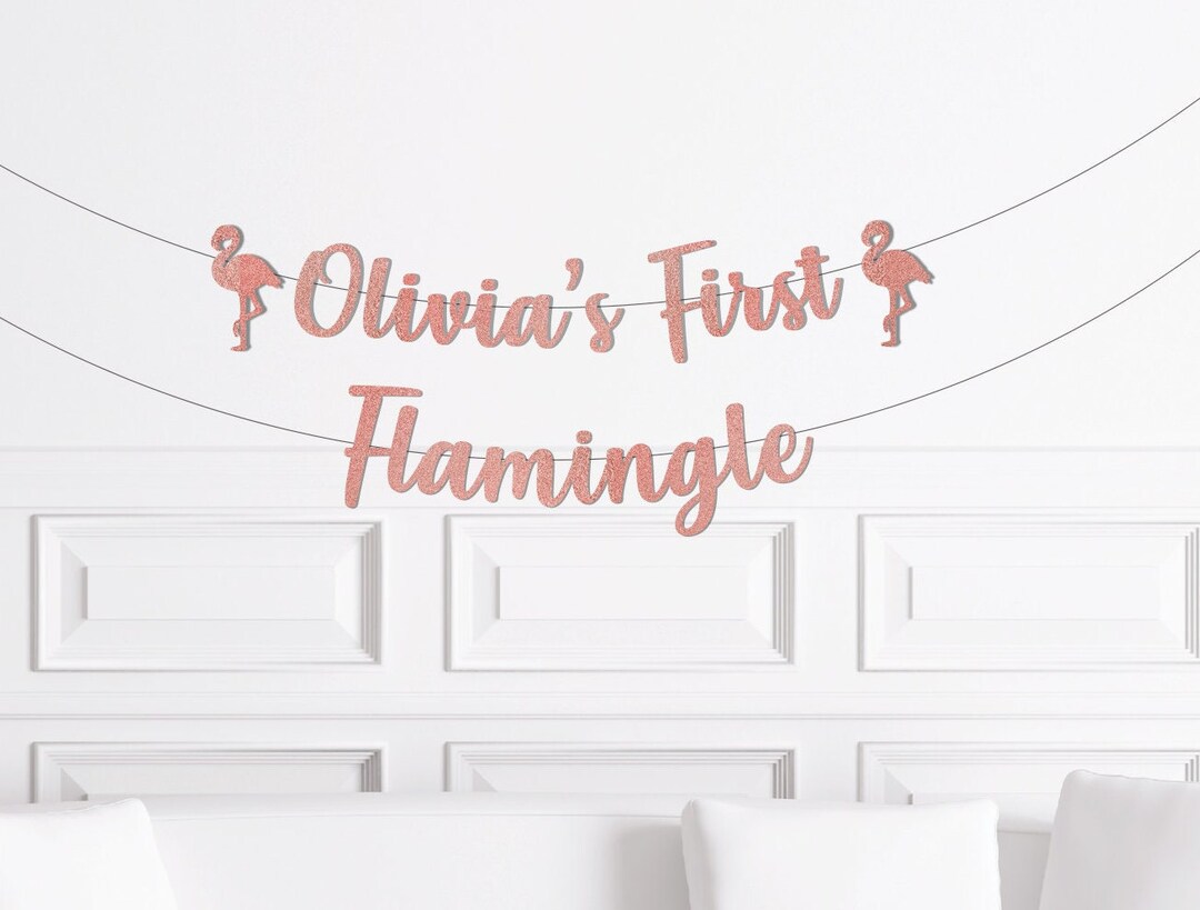 Custom First Flamingle Cursive Banner / Gold Glitter Script First ...