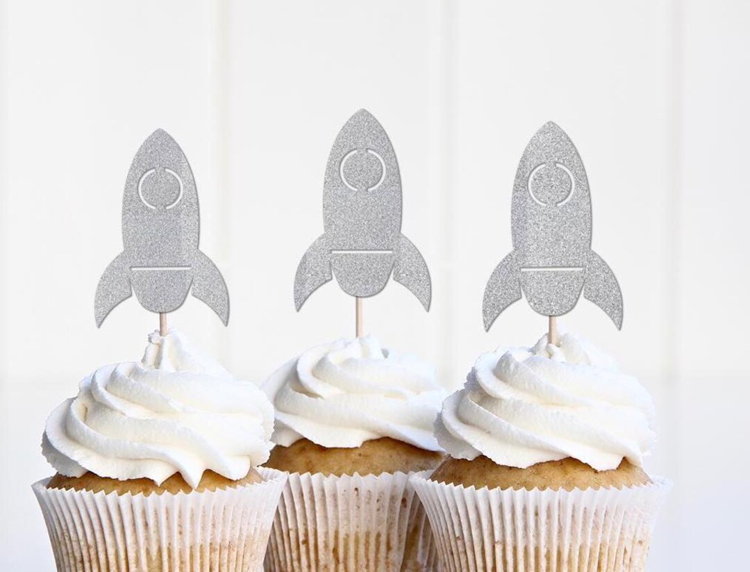 Rocket Cupcake Toppers, Space Theme Birthday Party Decorations, Landing ...