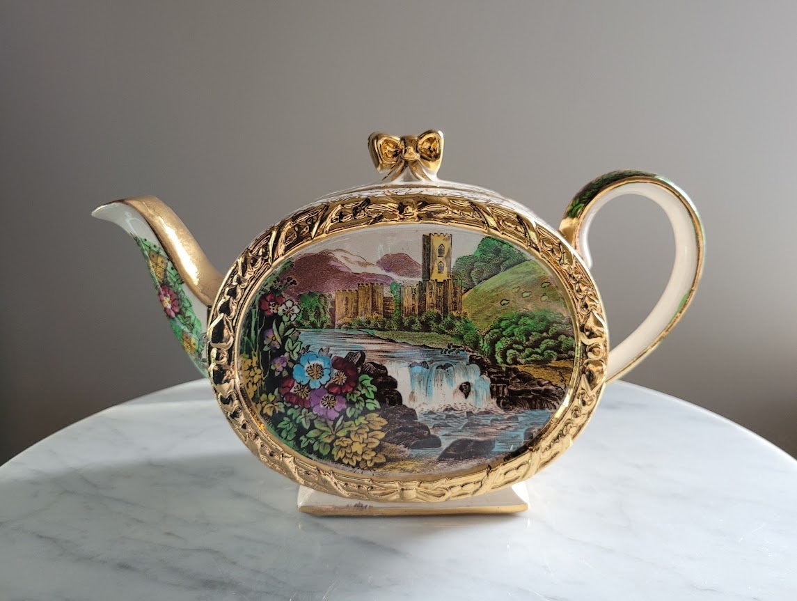 Sadler Teapot, the Abbey Falls, Vintage 1940s Gold Trim Transferware - Etsy