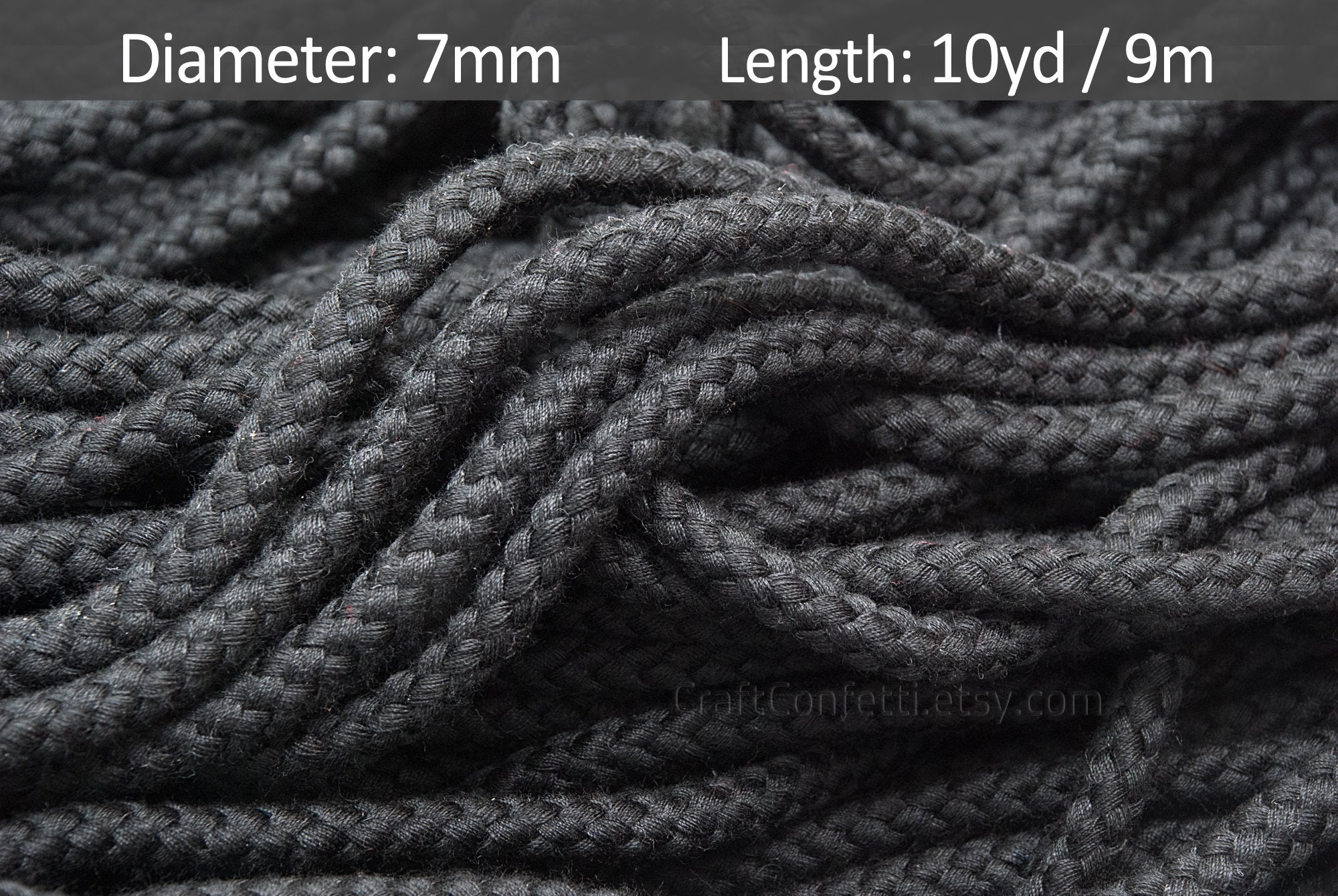 Black braided rope 7 mm. Thick cord. Cord with filling. Raw | Etsy