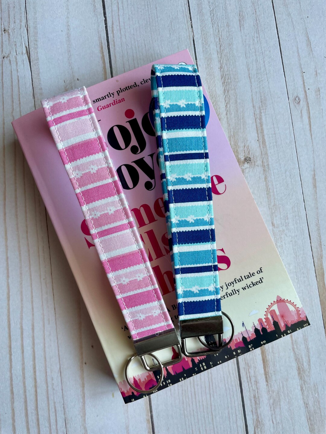 FLOWER & STRIPE, Pink or Blue Fabric Wristlet Keychain, Key Fob, Key ...