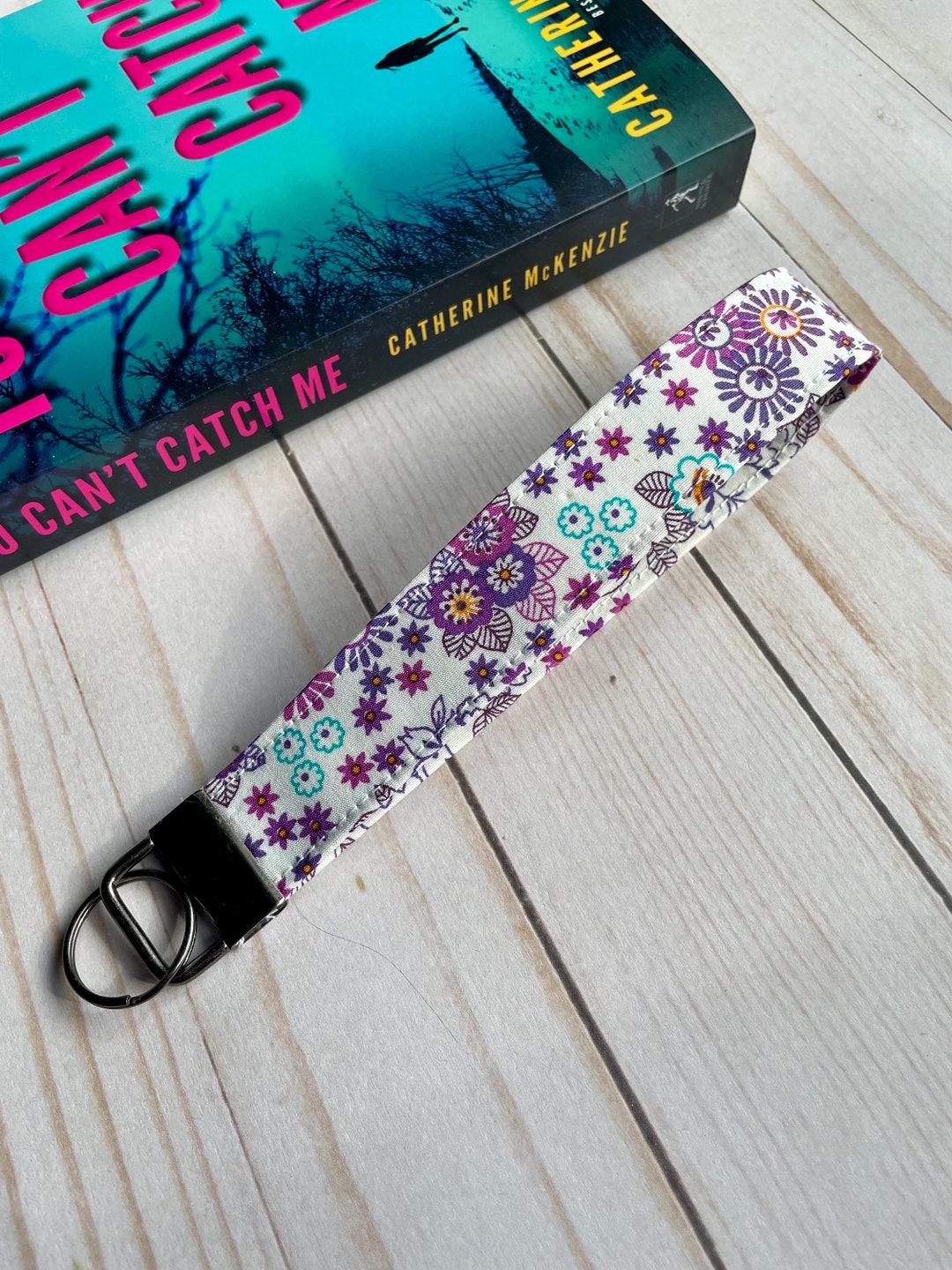 Purple Teal Flowers, Floral Garden Fabric Wristlet Keychain, Key Fob ...